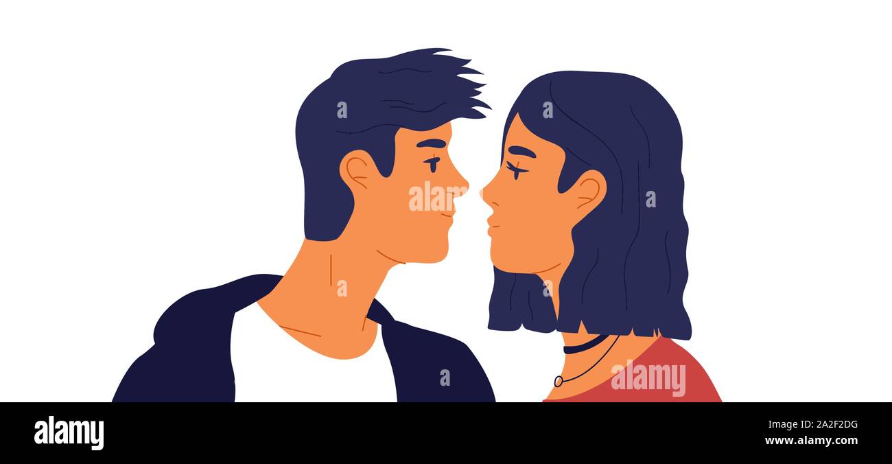 Romantic young couple illustration, teen woman and man looking into ...