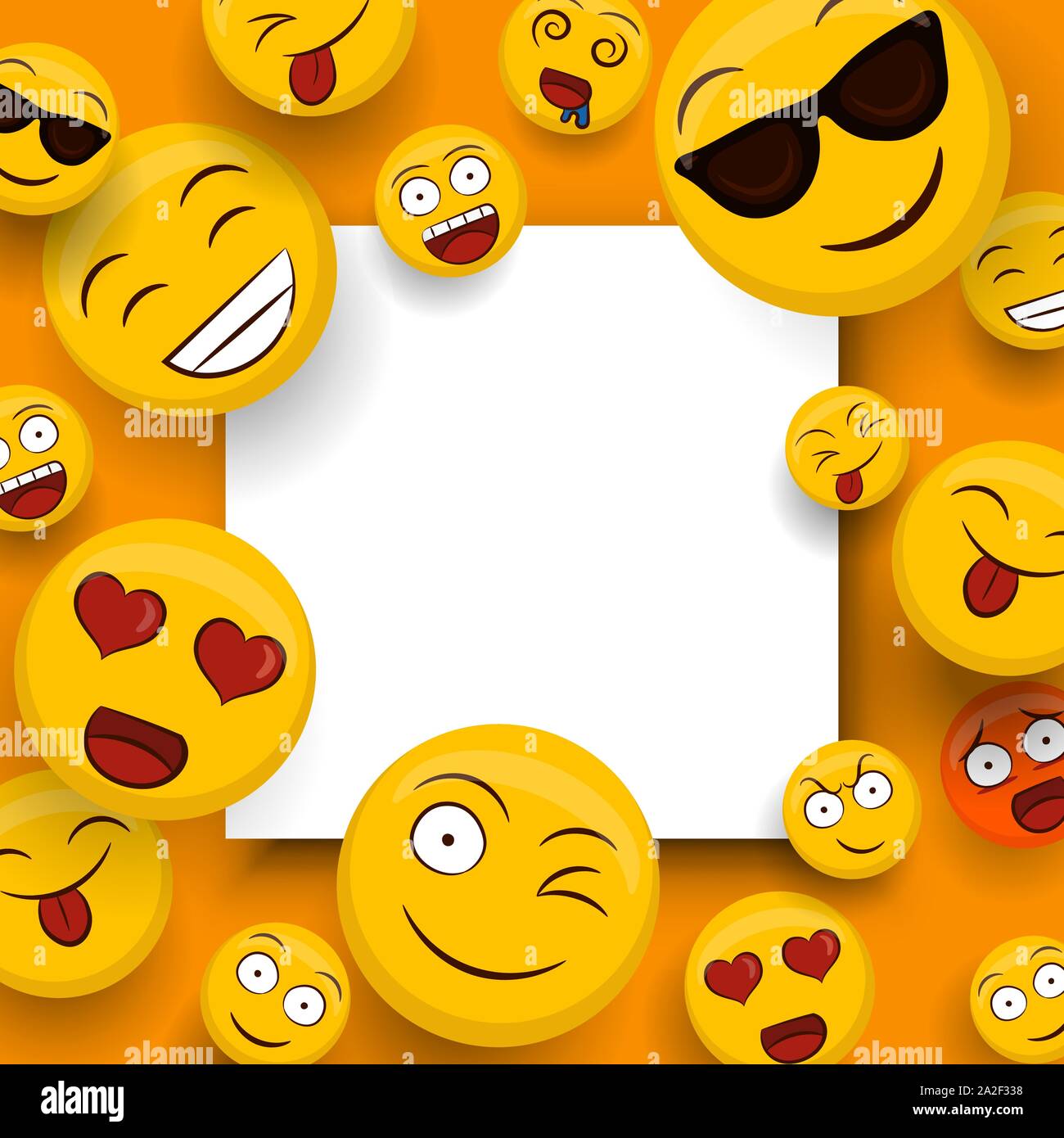 Social yellow emoticon icons on isolated white copy space template. Fun ...