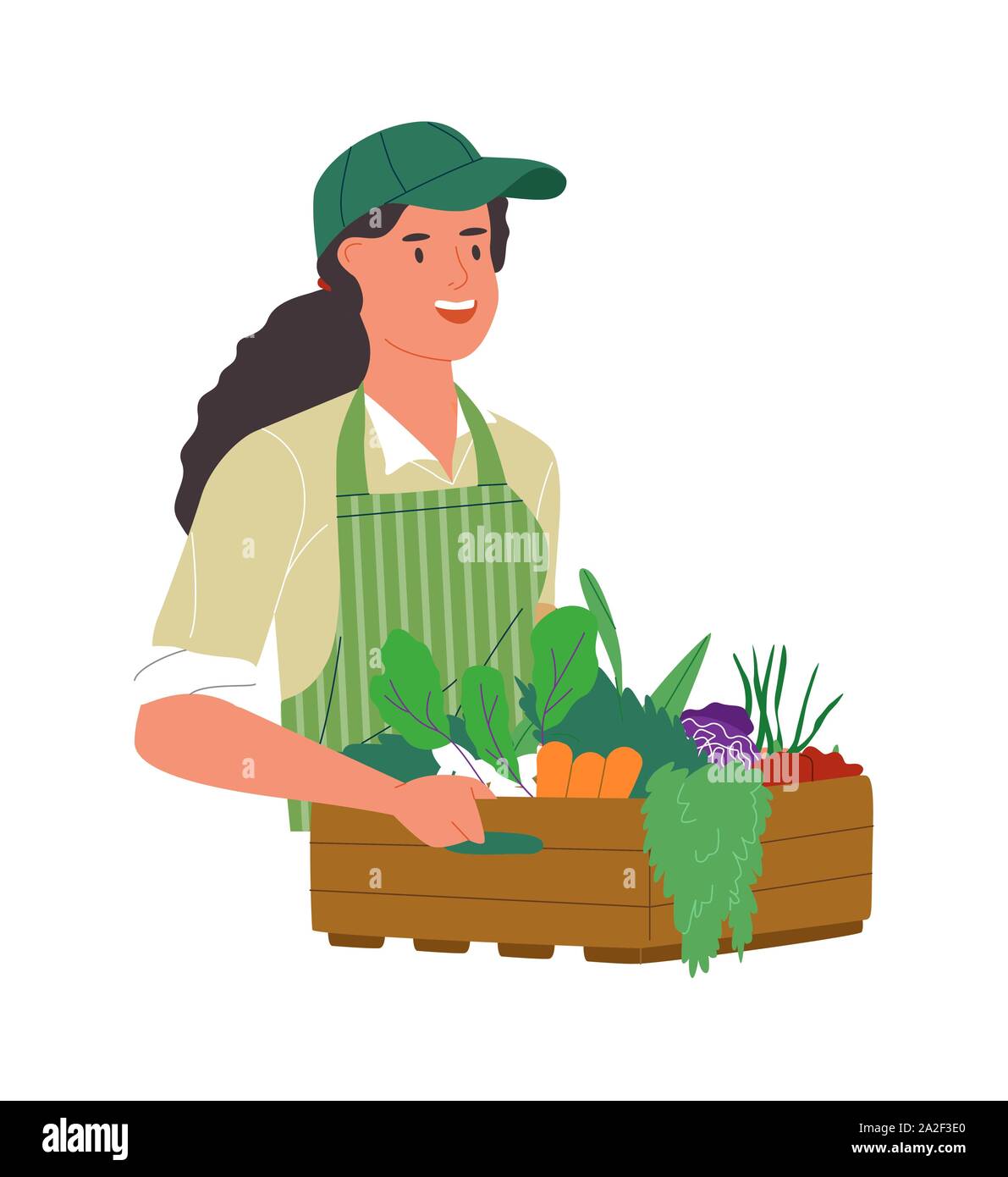 Happy farm woman worker with organic vegetable food crate on isolated ...