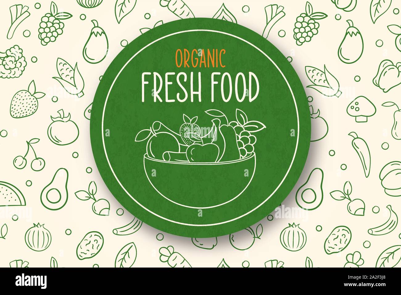 Green organic food label illustration with fresh vegetables and fruit ...