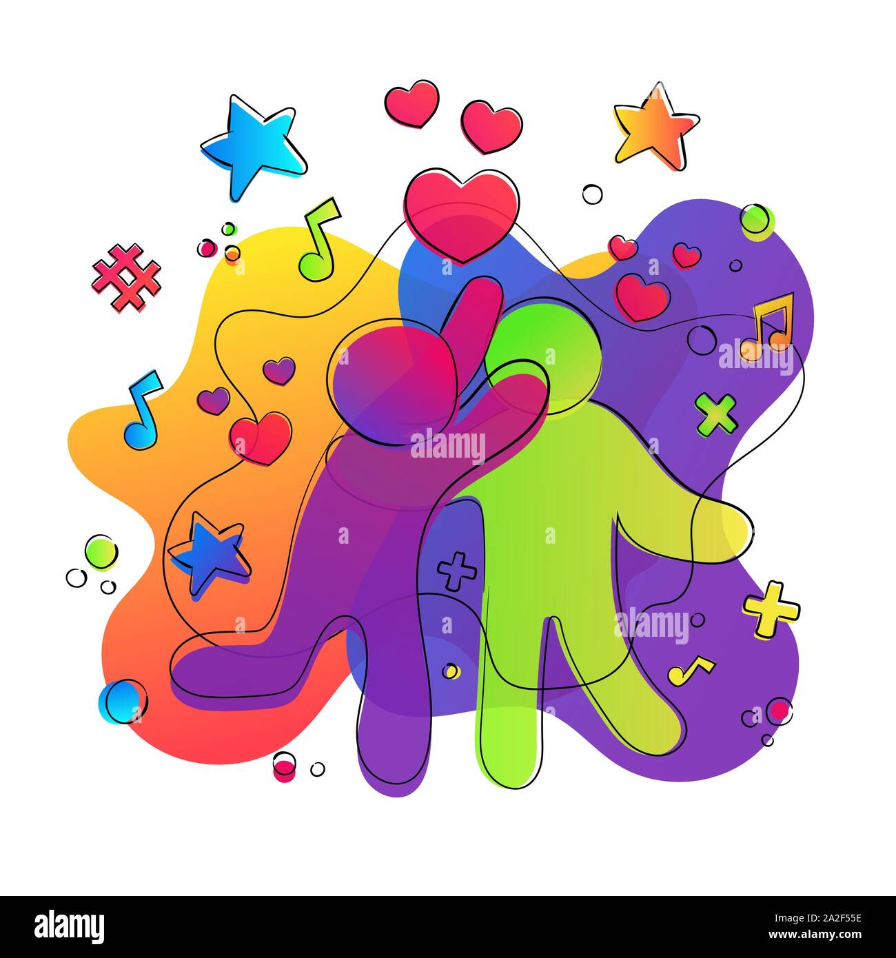 Friendship concept of happy friends dancing together with colorful ...