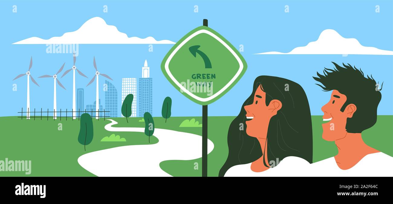 Happy people going to green city, man and woman in eco friendly town ...