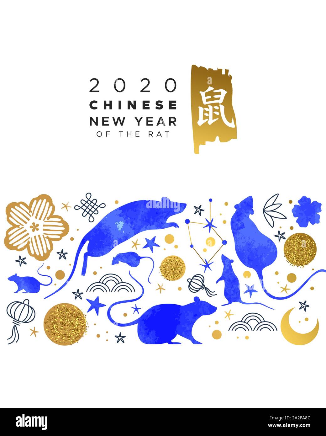 Chinese New Year 2020 greeting card of blue watercolor mouse animals ...