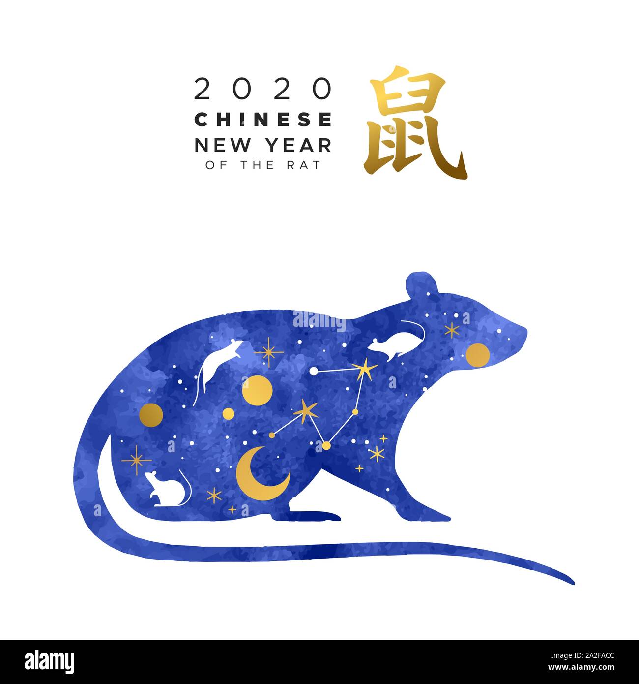 Chinese New Year 2020 greeting card illustration of blue watercolor ...