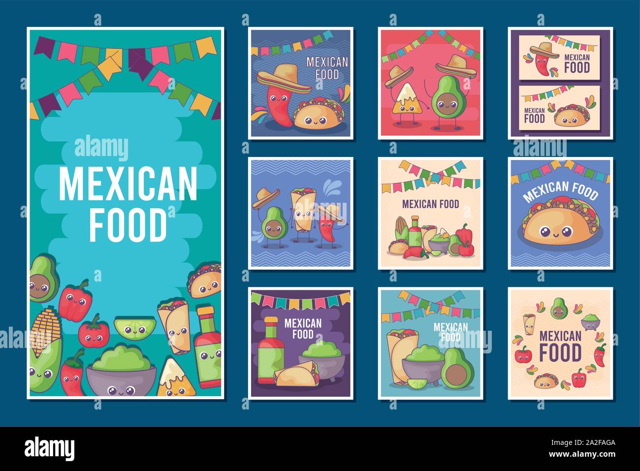 set of card of Mexican food kawaii vector illustration design Stock ...