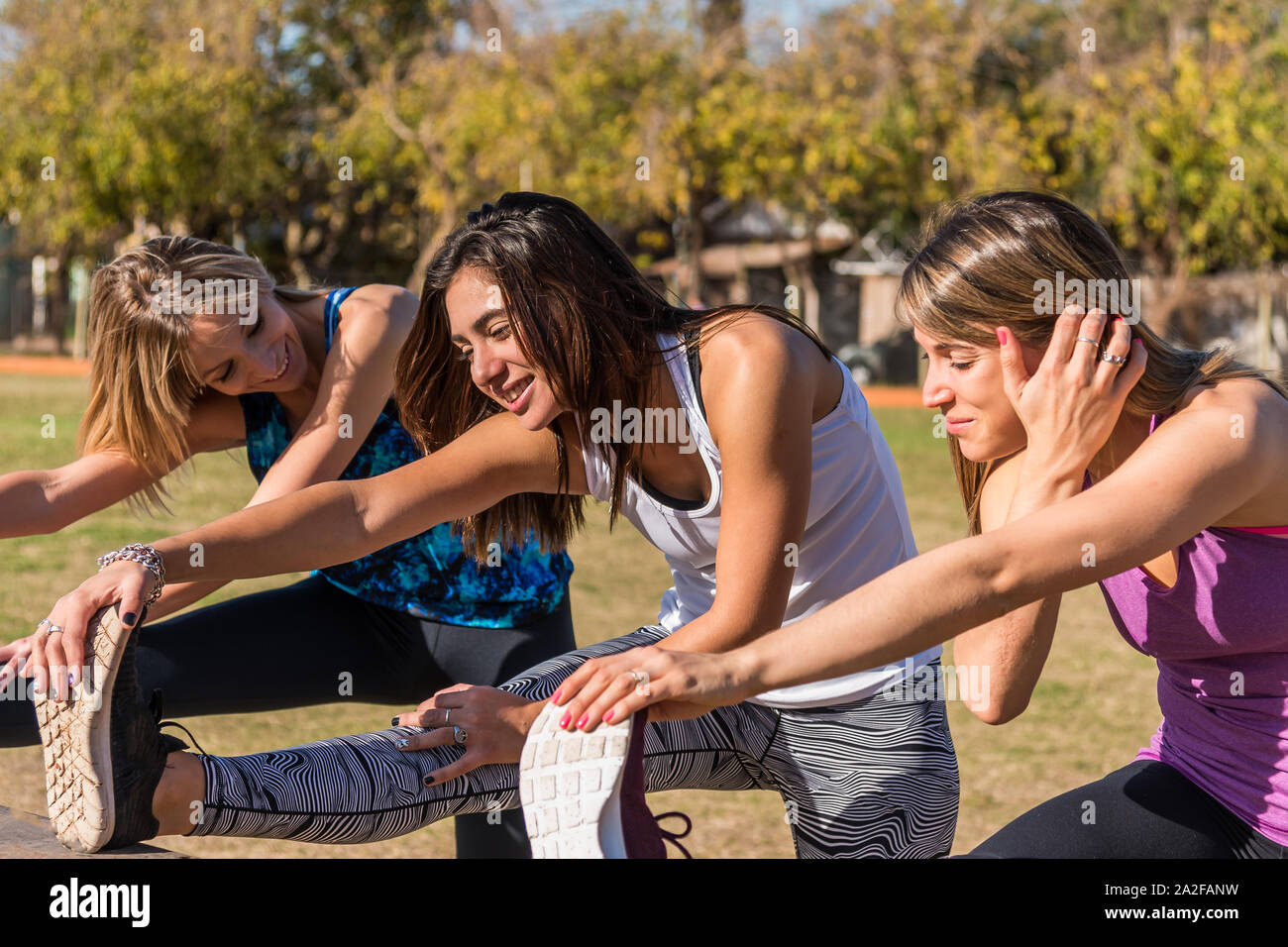 Three young female friends working out in the park, outdoors. Sport ...