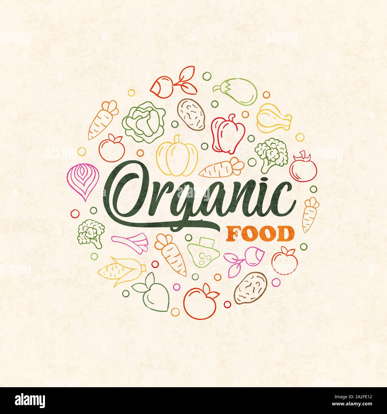 Organic food illustration of colorful hand drawn vegetable icons in ...