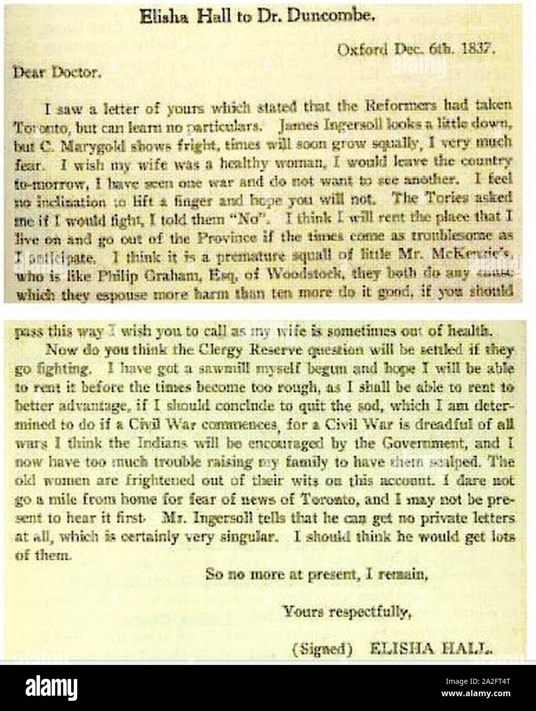 Elisha Hall letter Dec 1837 Stock Photo - Alamy