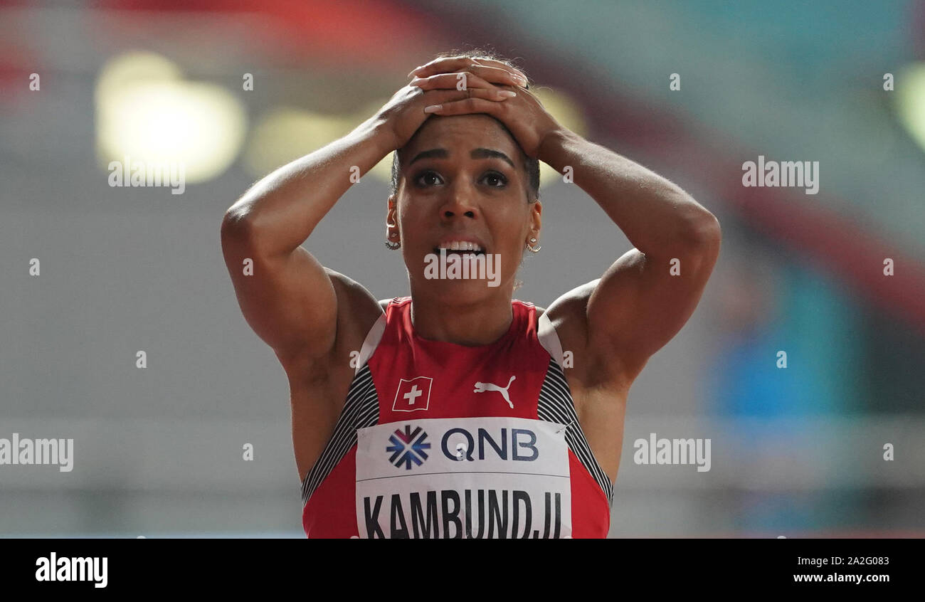 Doha, Qatar. 2nd Oct, 2019. Mujinga Kambundji of Switzerland reacts ...