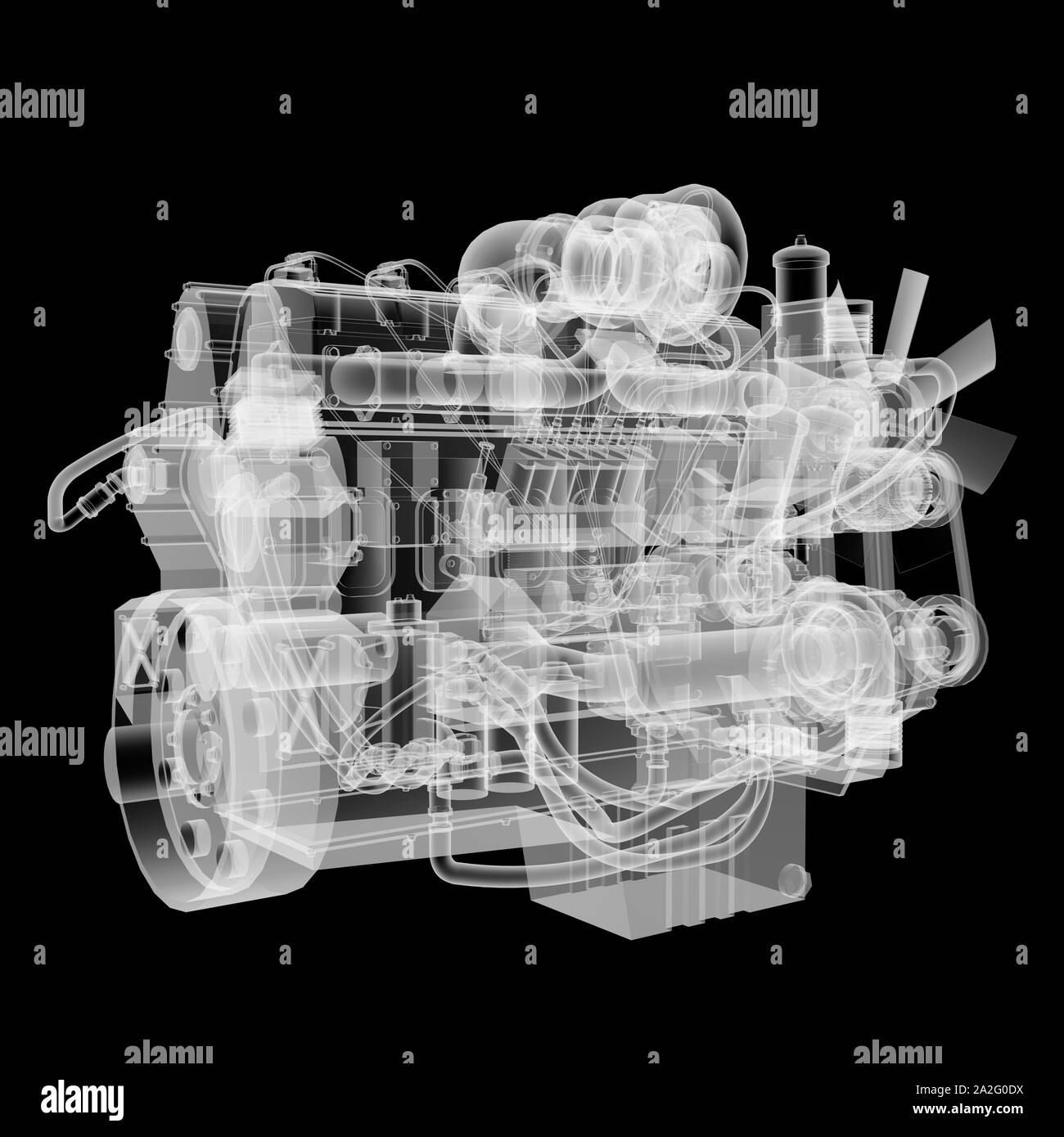 Internal combustion engine X-Ray style. Isolated on black background ...