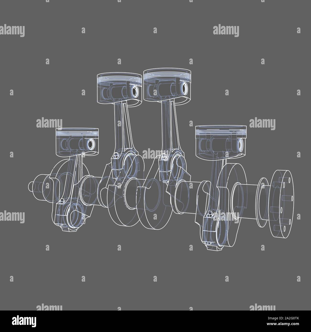 Engine pistons outline. 3D illustration. White lines and grey ...