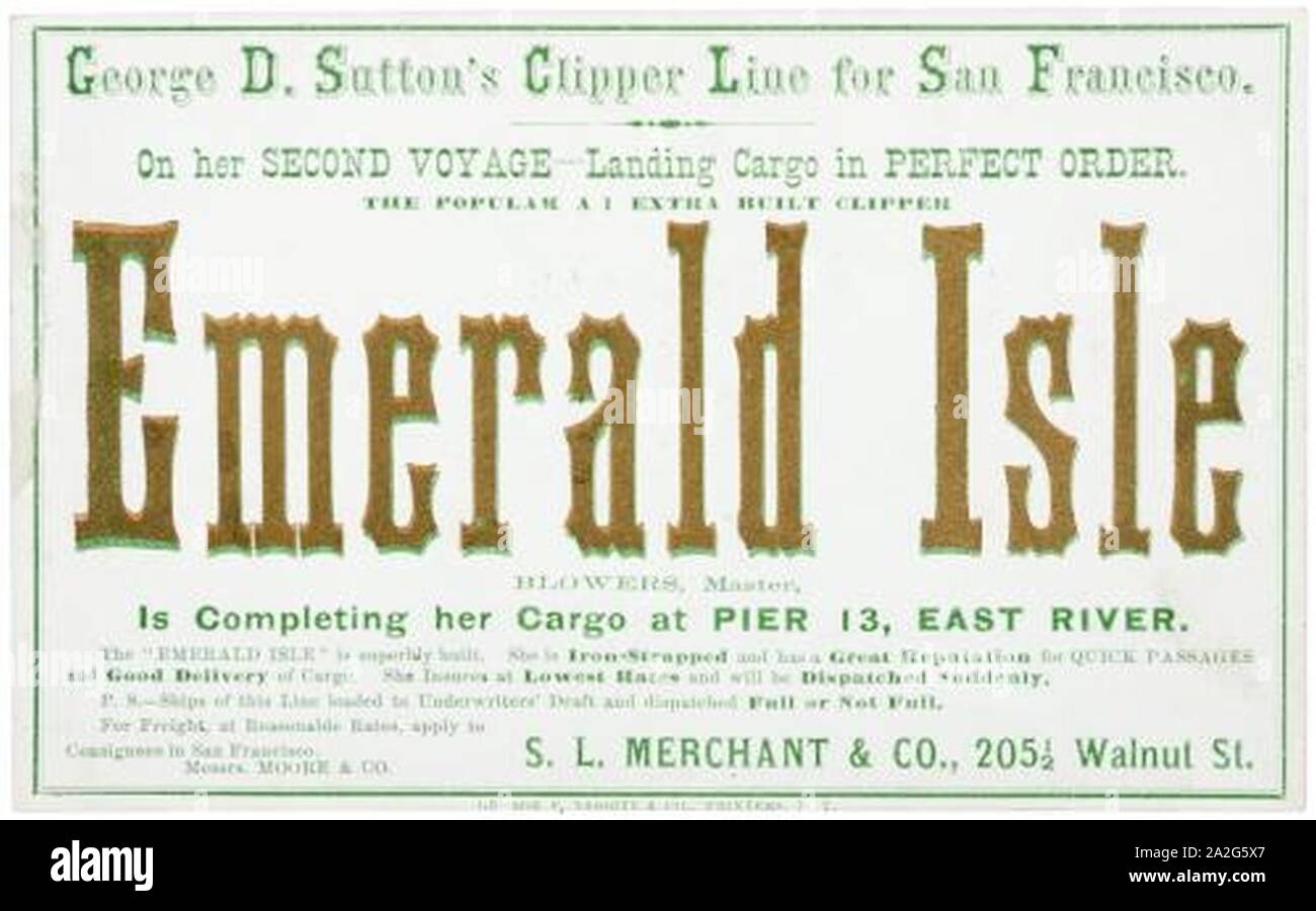 EMERALD ISLE Clipper ship sailing card Stock Photo - Alamy