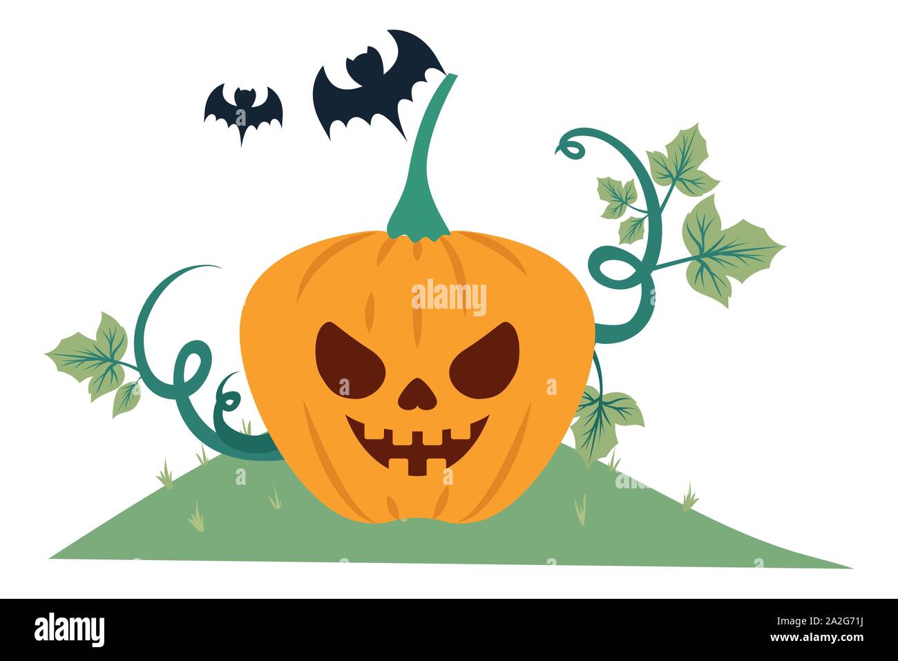 halloween pumpkin with dark face in the field and bats flying Stock ...