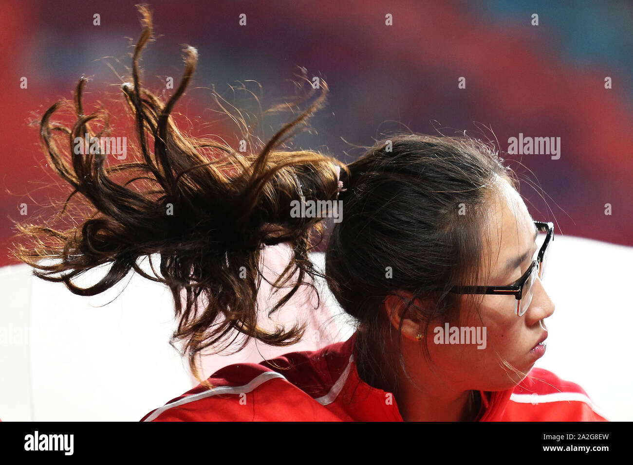 Doha, Qatar. 2nd Oct, 2019. Feng Bin of China is seen after the women's ...