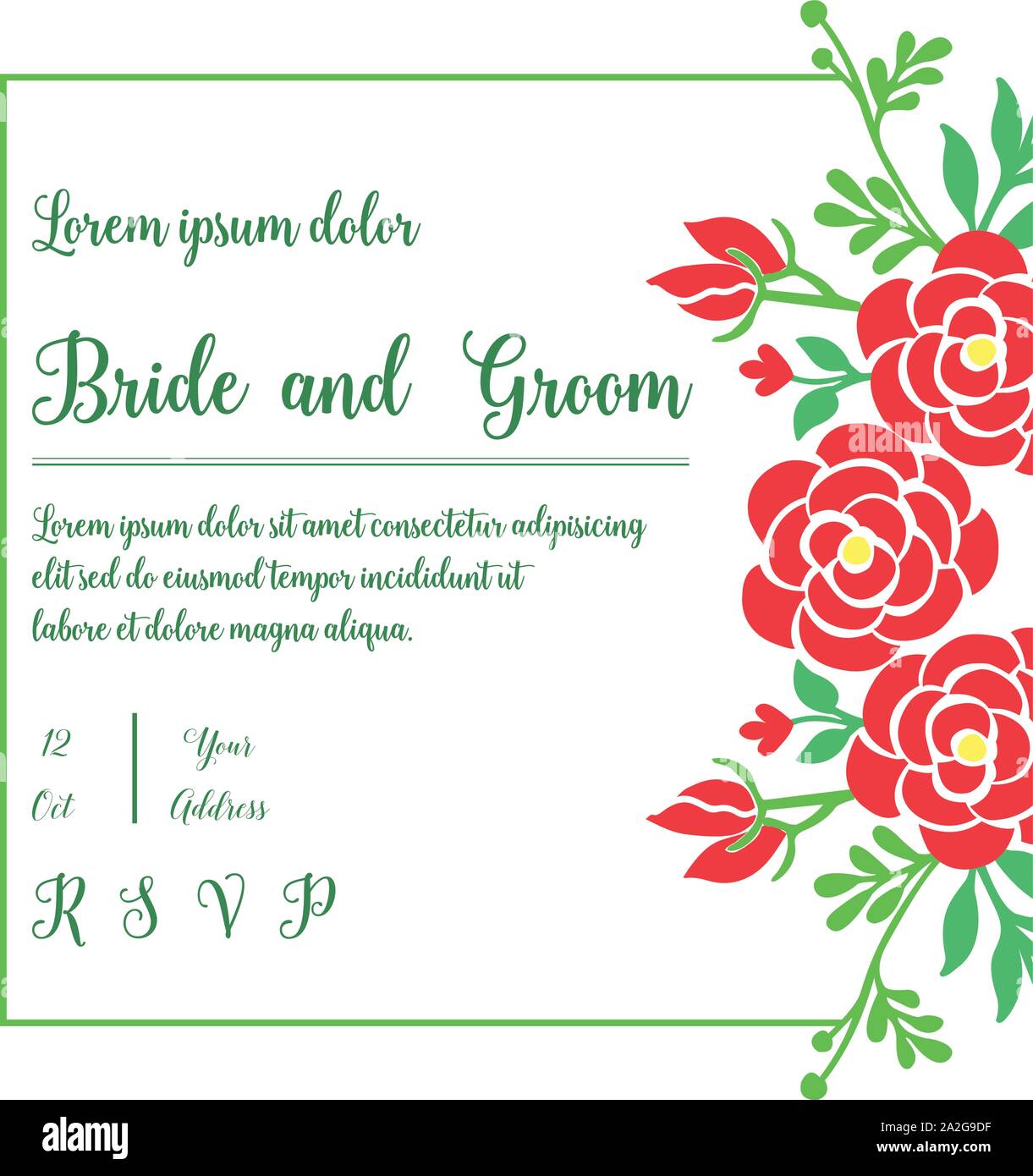 Beautiful red rose flower frame, wedding card for bride and groom ...