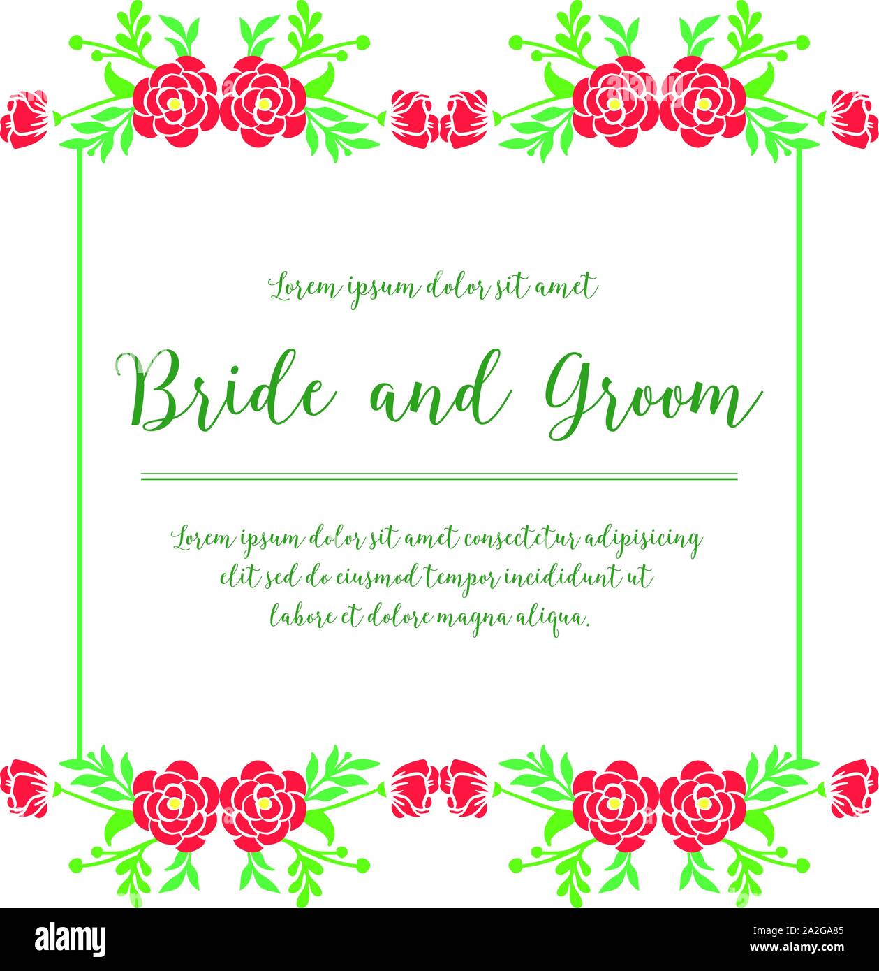 Design text of bride and groom, with style of red rose flower frame ...