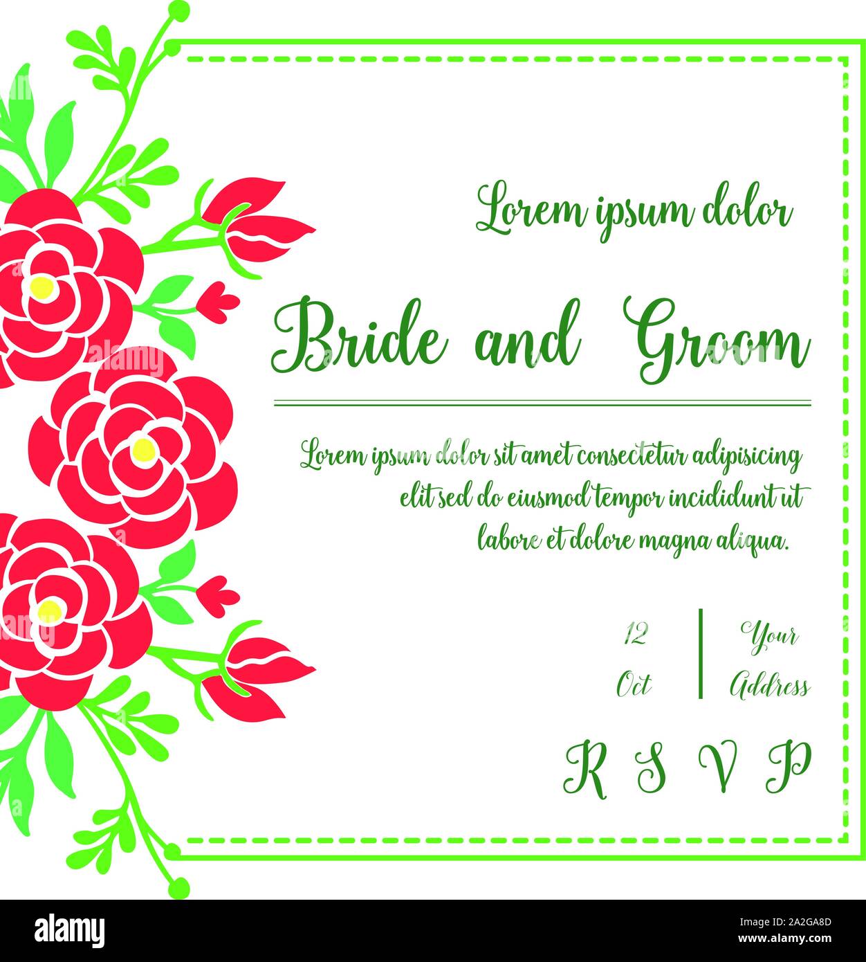 Design text of bride and groom, with style of red rose flower frame ...