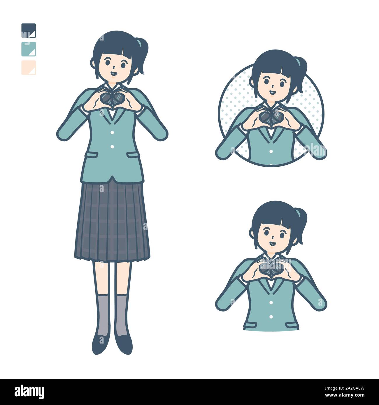 A student girl in a green blazer with making a heart symbol by hand ...