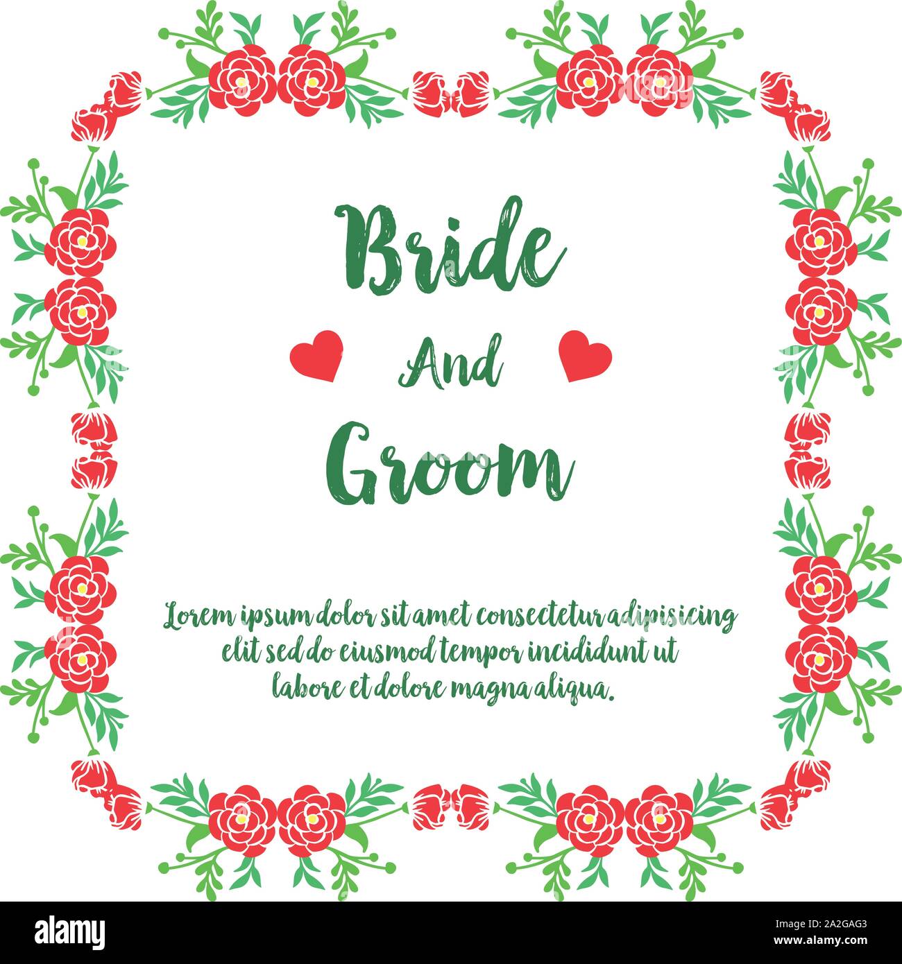 Design text of bride and groom, with style of red rose flower frame ...