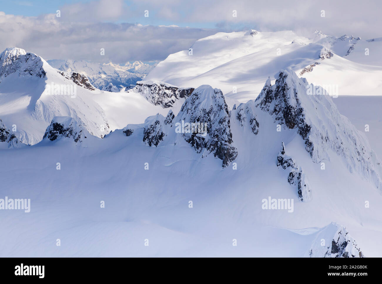 Aerial of snowy Coast Mountains near Squamish and Whistler, BC, Canada ...
