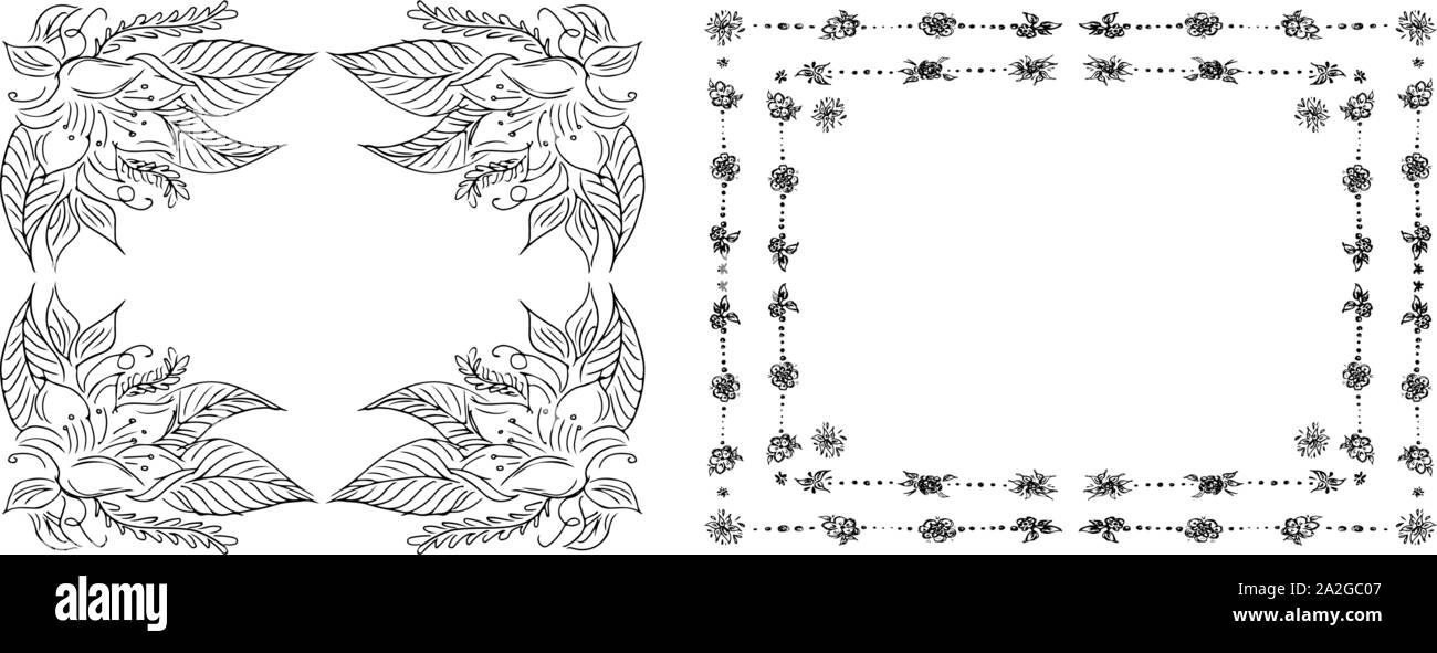 Tropical hand-drawn floral rectangular shaped frames. Outline set ...