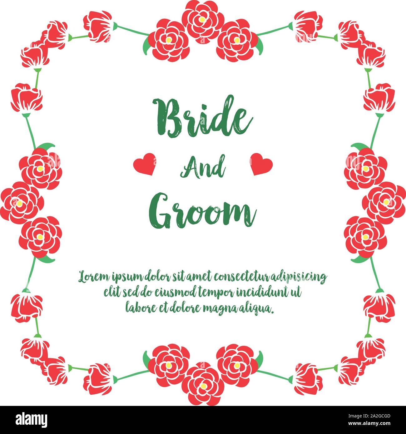 Calligraphic text of bride and groom, with elegant flower frame. Vector ...