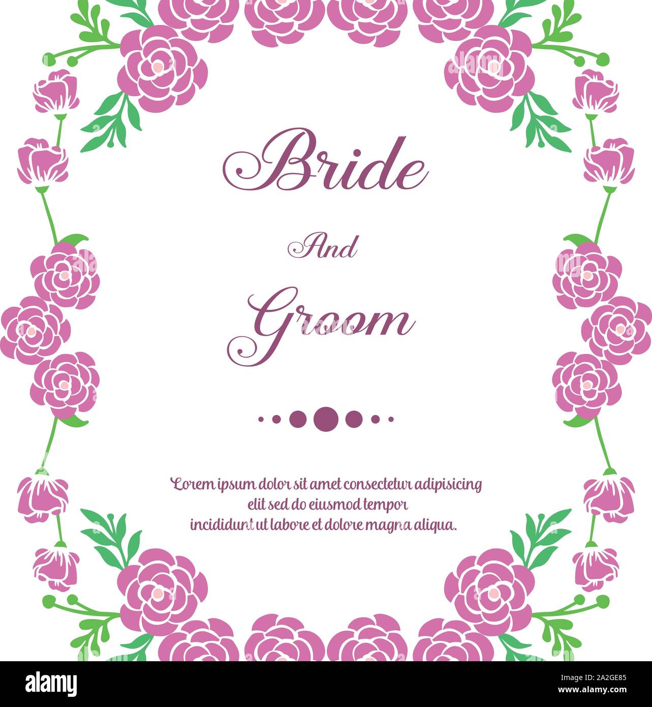 Place for text, bride and groom, with decor of purple rose flower frame ...