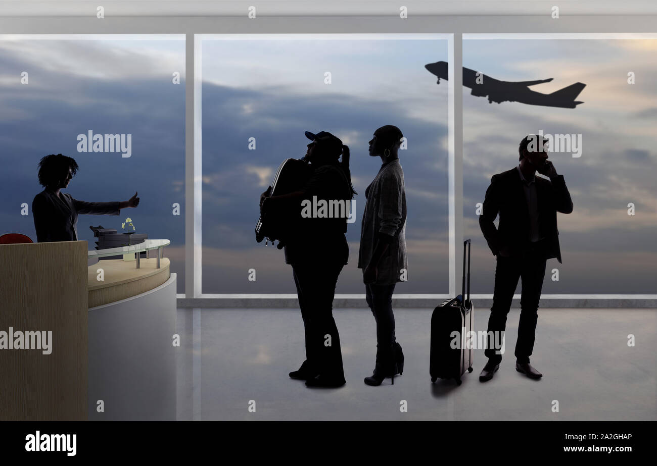 Silhouettes of passengers waiting in line at an airport check in ...