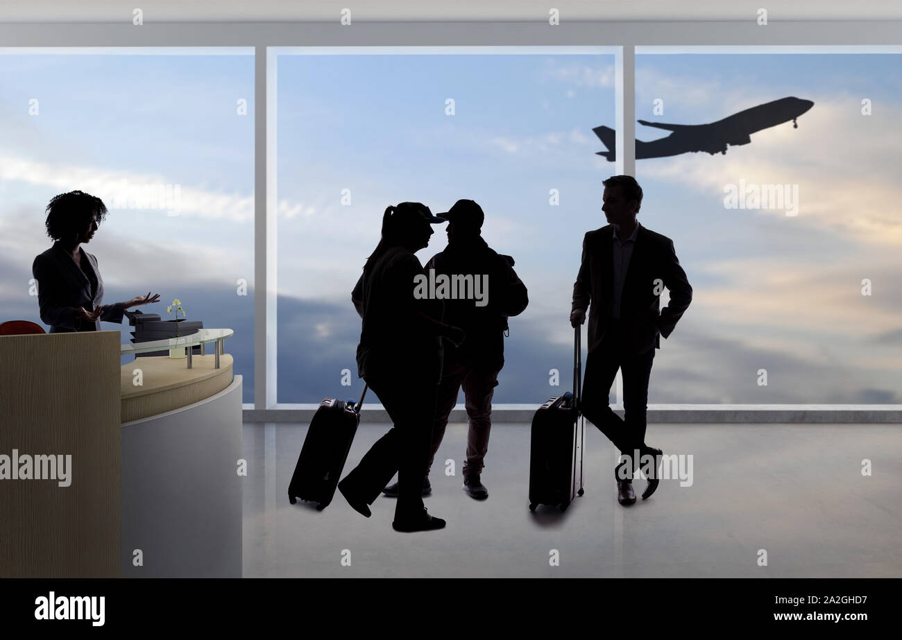 Silhouettes of passengers waiting in line at an airport check in ...