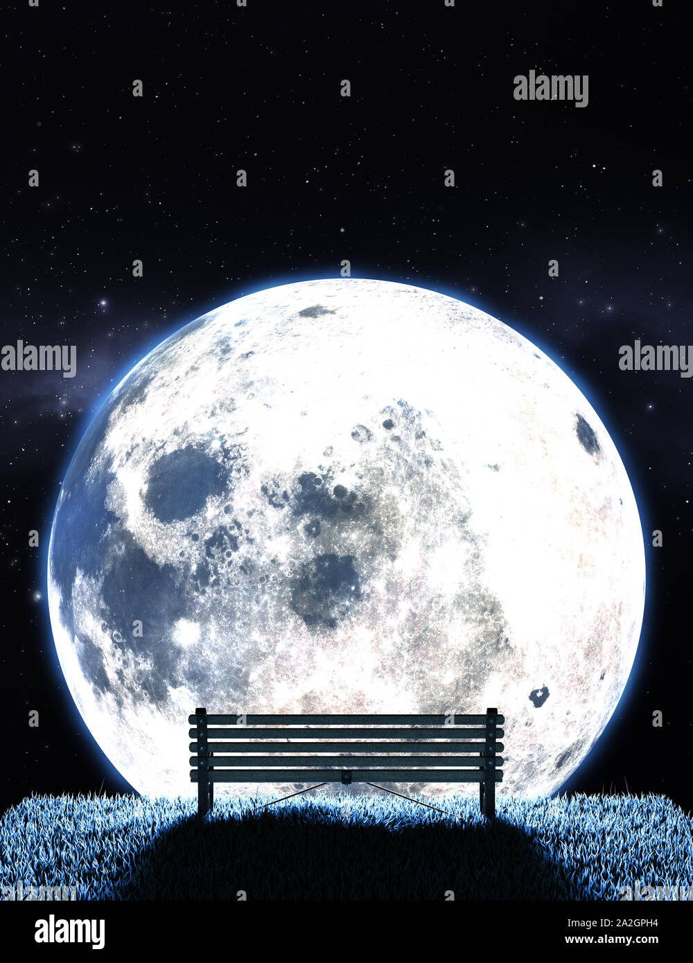 A concept image showing an empty park bench on a grassy hill at night ...