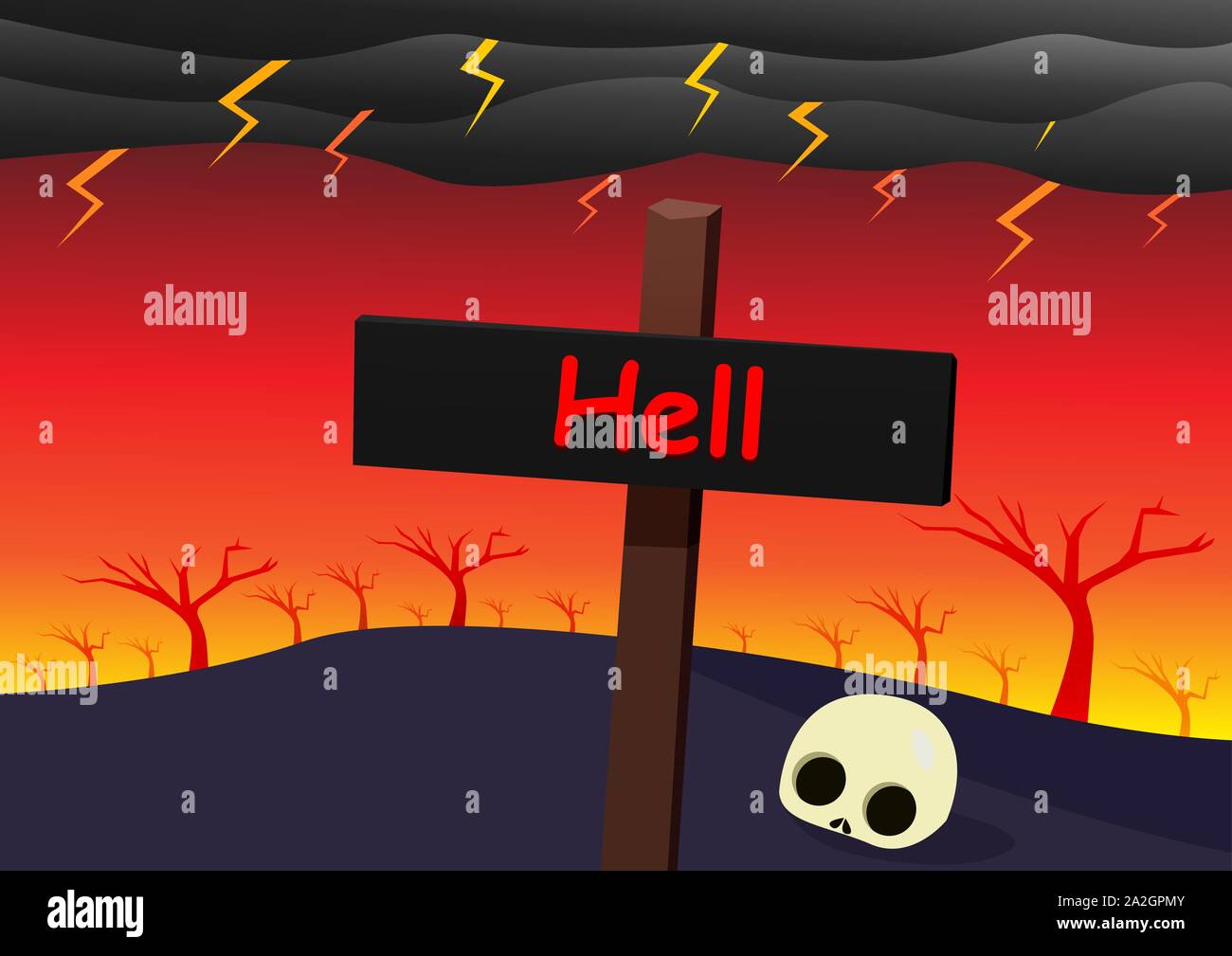 Hell landscape with signpost, skull and strom, vector Stock Vector ...