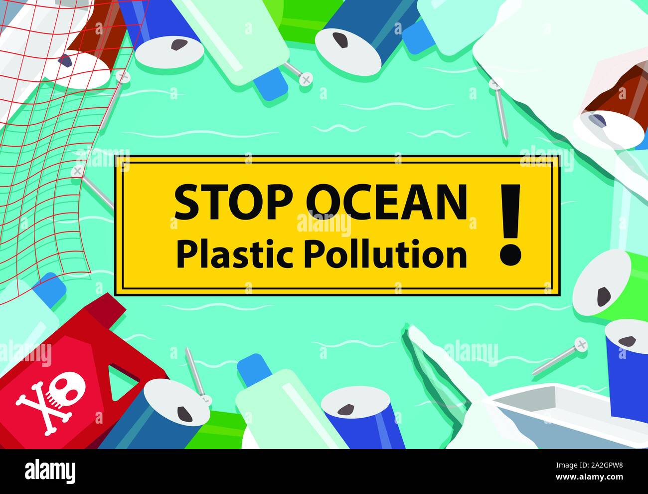 Stop ocean plastic pollution background with junk, vector Stock Vector ...