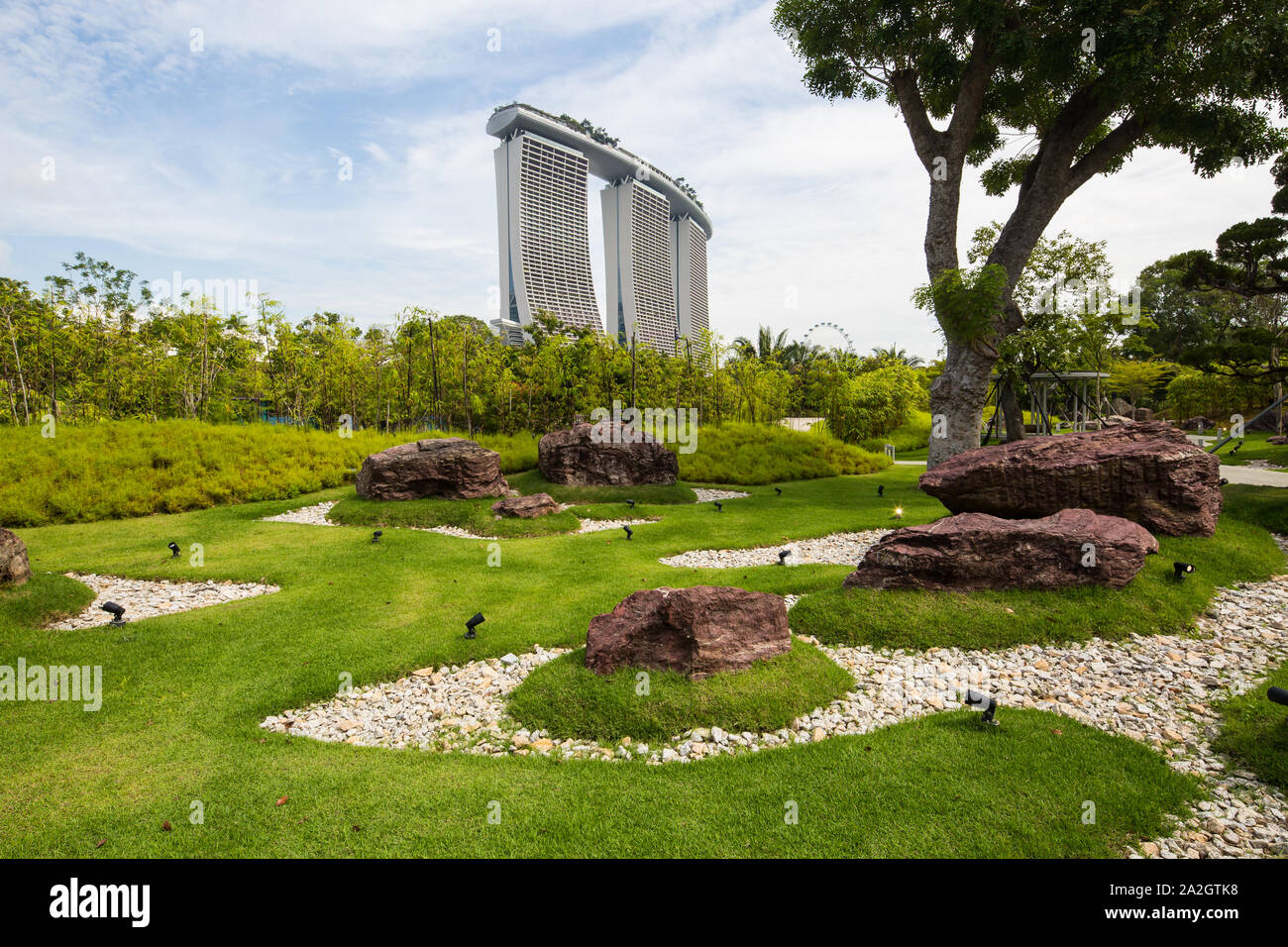 Landscape of serene garden at Gardens by the Bay and Marina Bay Sands ...