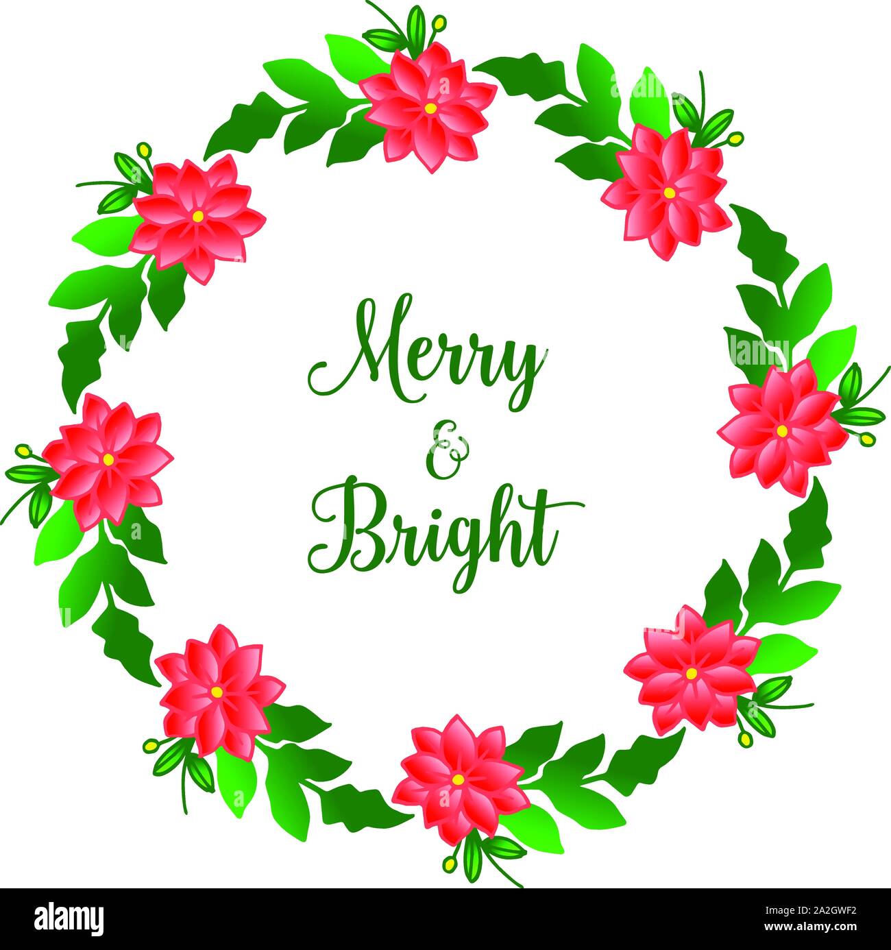 Handwritten merry and bright, with decoration element of green leafy ...