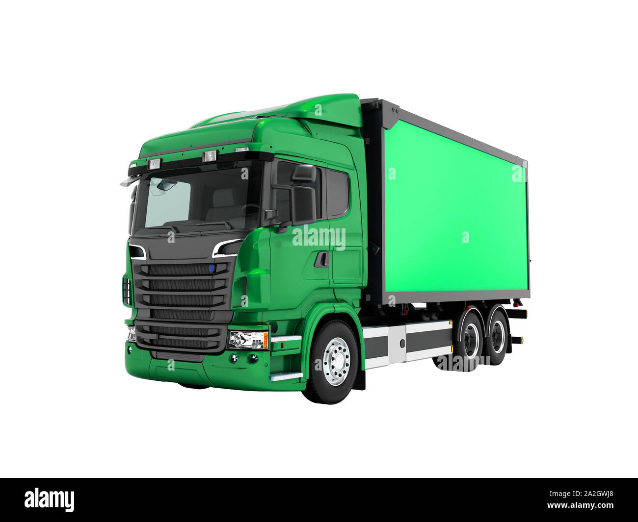 Modern green truck with green trailer for transportation of goods ...