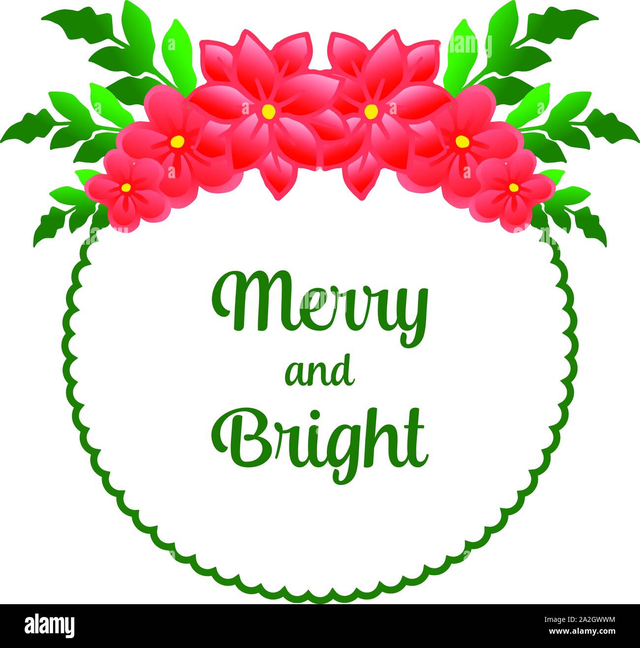 Lettering greeting card merry and bright, with art of vintage green ...
