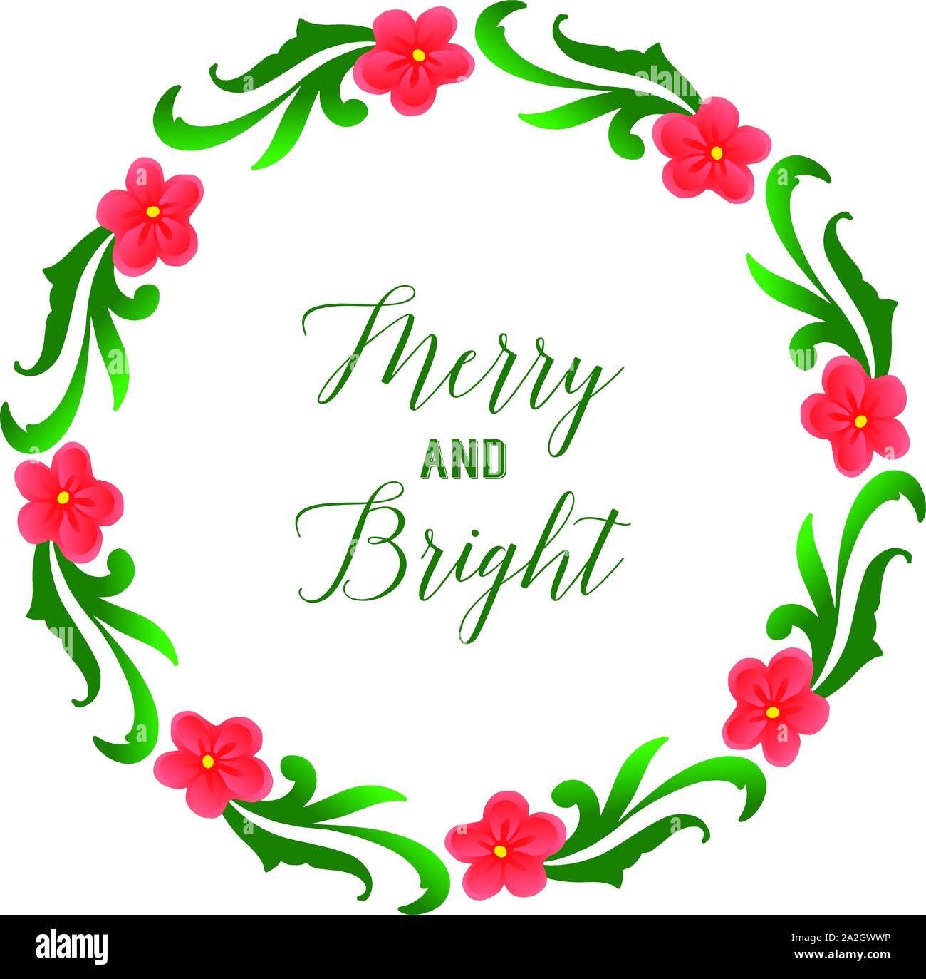 Lettering greeting card merry and bright, with art of vintage green ...