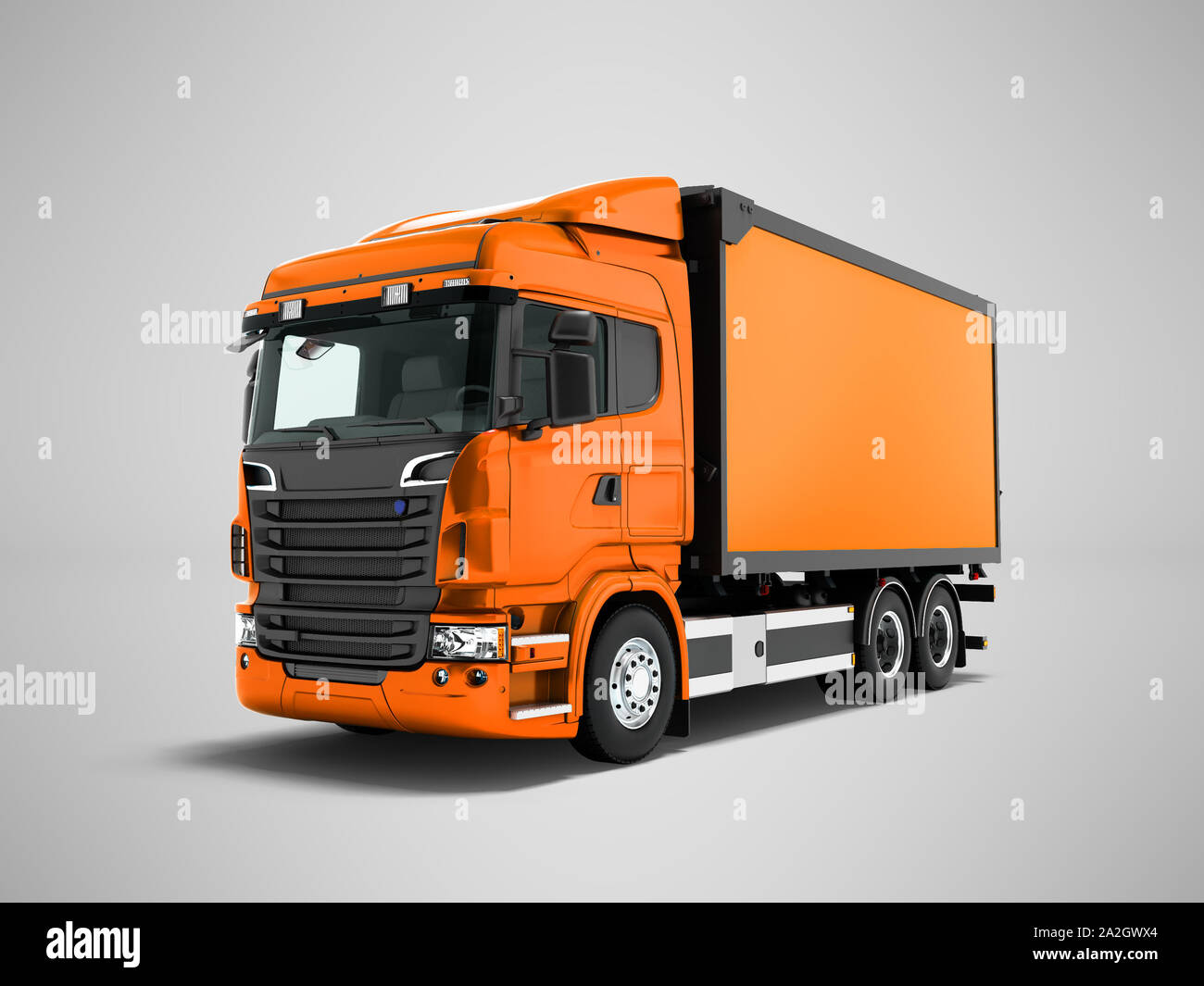Modern orange truck with an orange trailer for transportation of goods ...