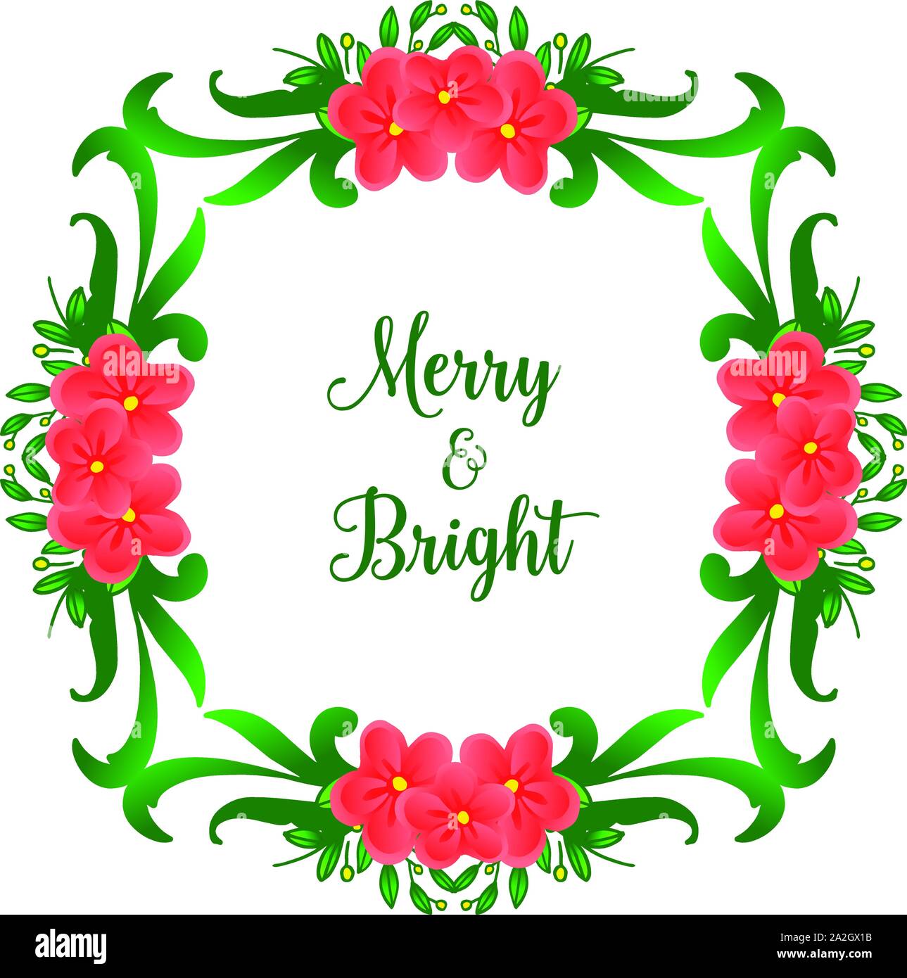 Lettering greeting card merry and bright, with art of vintage green ...