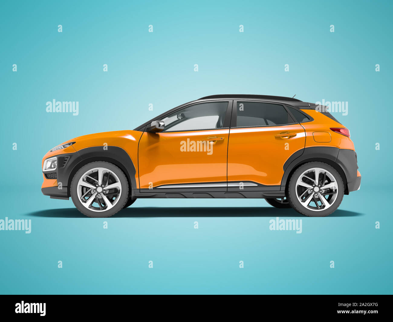 Modern orange car crossover 3d render on blue background with shadow ...
