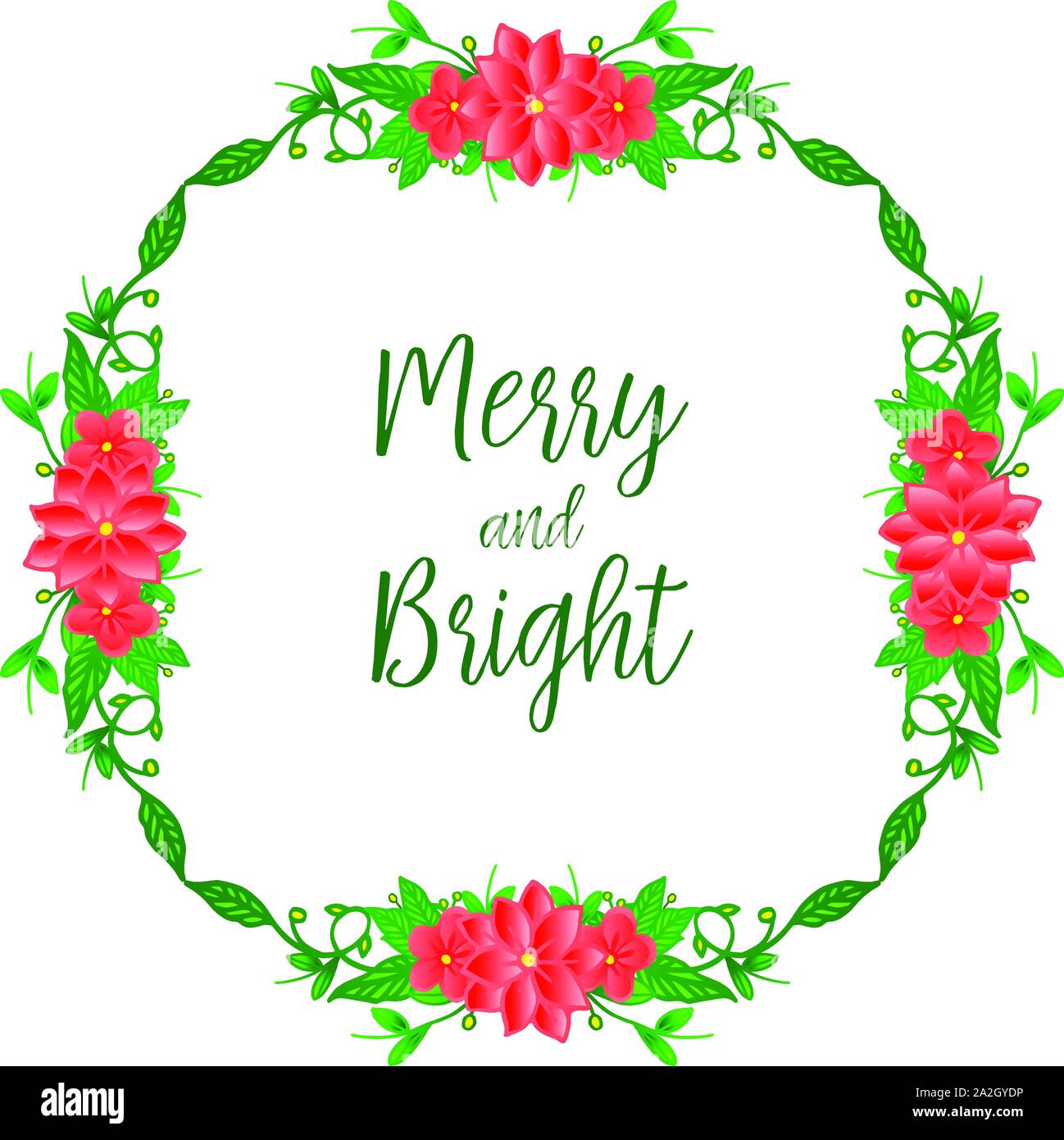Handwritten lettering merry and bright, with graphic of green leafy ...