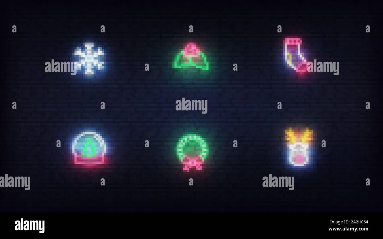 Christmas neon icons. Vector glowing neon colorful symbols for Xmas and ...