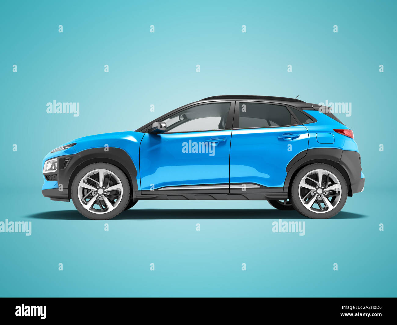 Modern blue car crossover 3D render on blue background with shadow ...