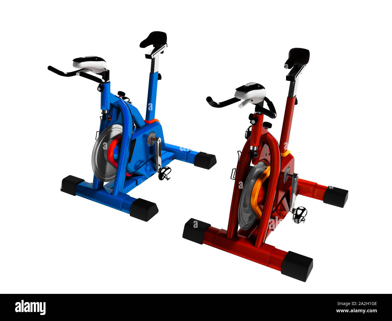 Modern red and blue exercise bikes perspective 3d render on white ...