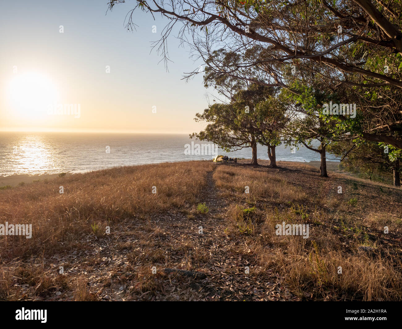 Tent campsite on bluff over ocean at sunset in Montana de Oro State ...