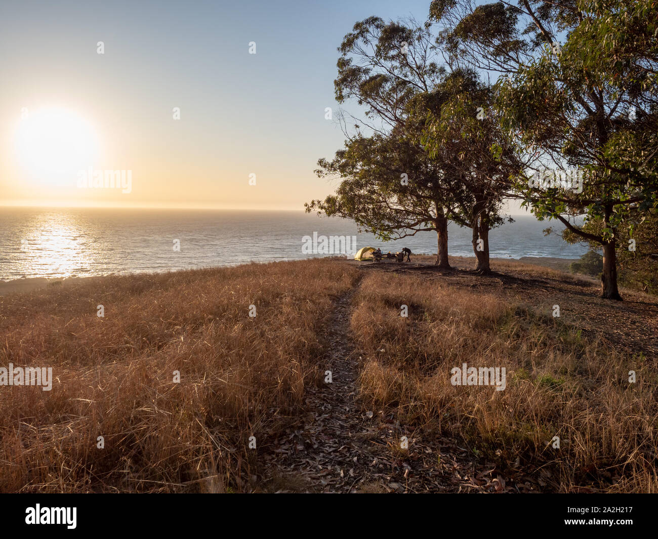 Tent campsite on bluff over ocean at sunset in Montana de Oro State ...