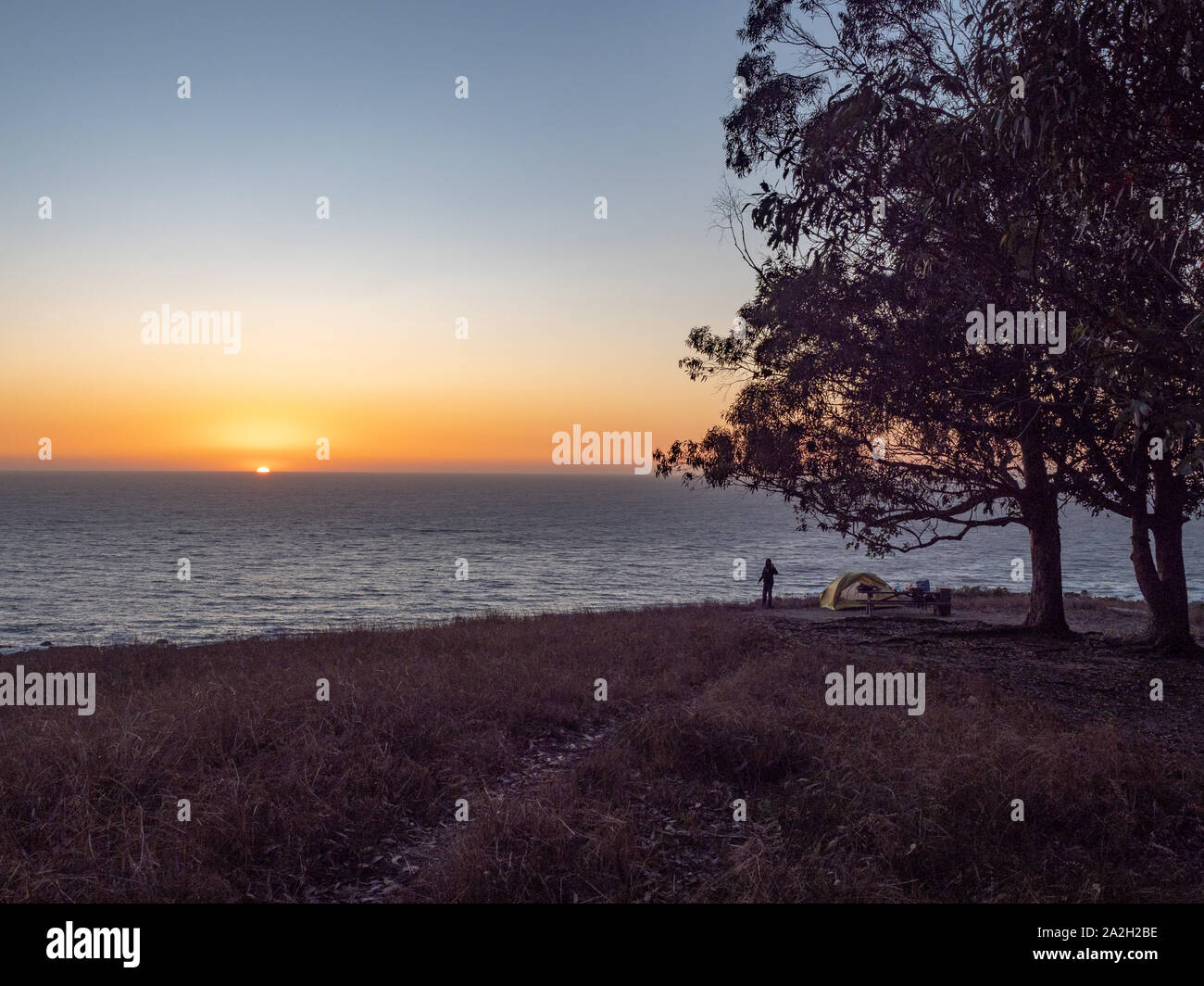Tent campsite on bluff over ocean at sunset in Montana de Oro State ...