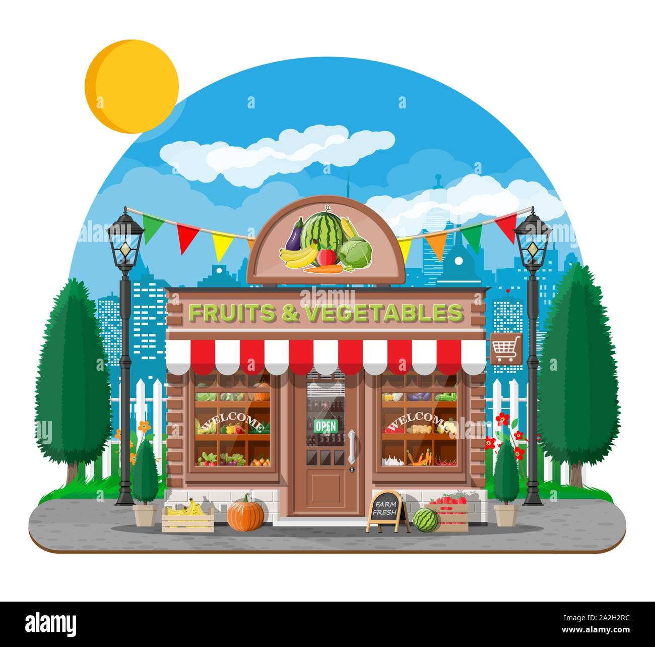 Street shop building. Fruit and vegetable store Stock Vector Image ...