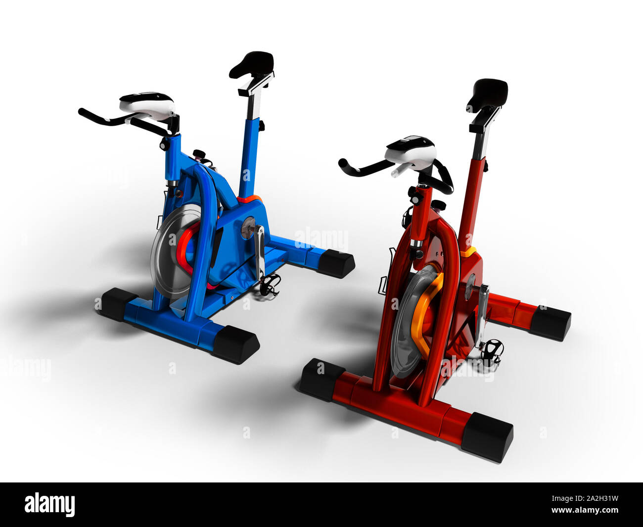 Modern red and blue exercise bikes perspective 3d render on white ...