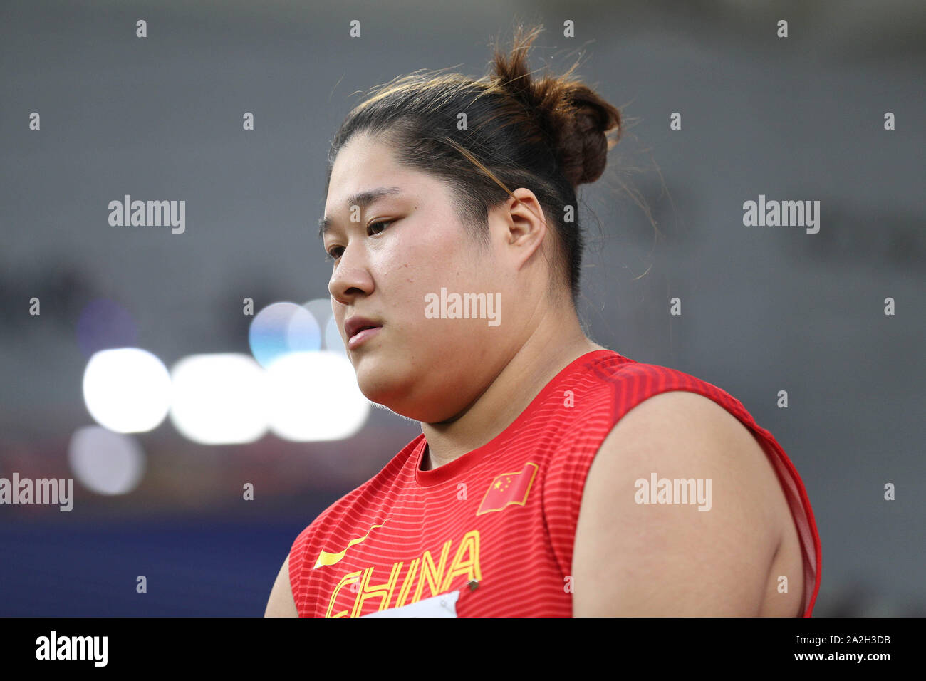 Doha, Qatar. 2nd Oct, 2019. Zhang Linru of China reacts during the ...
